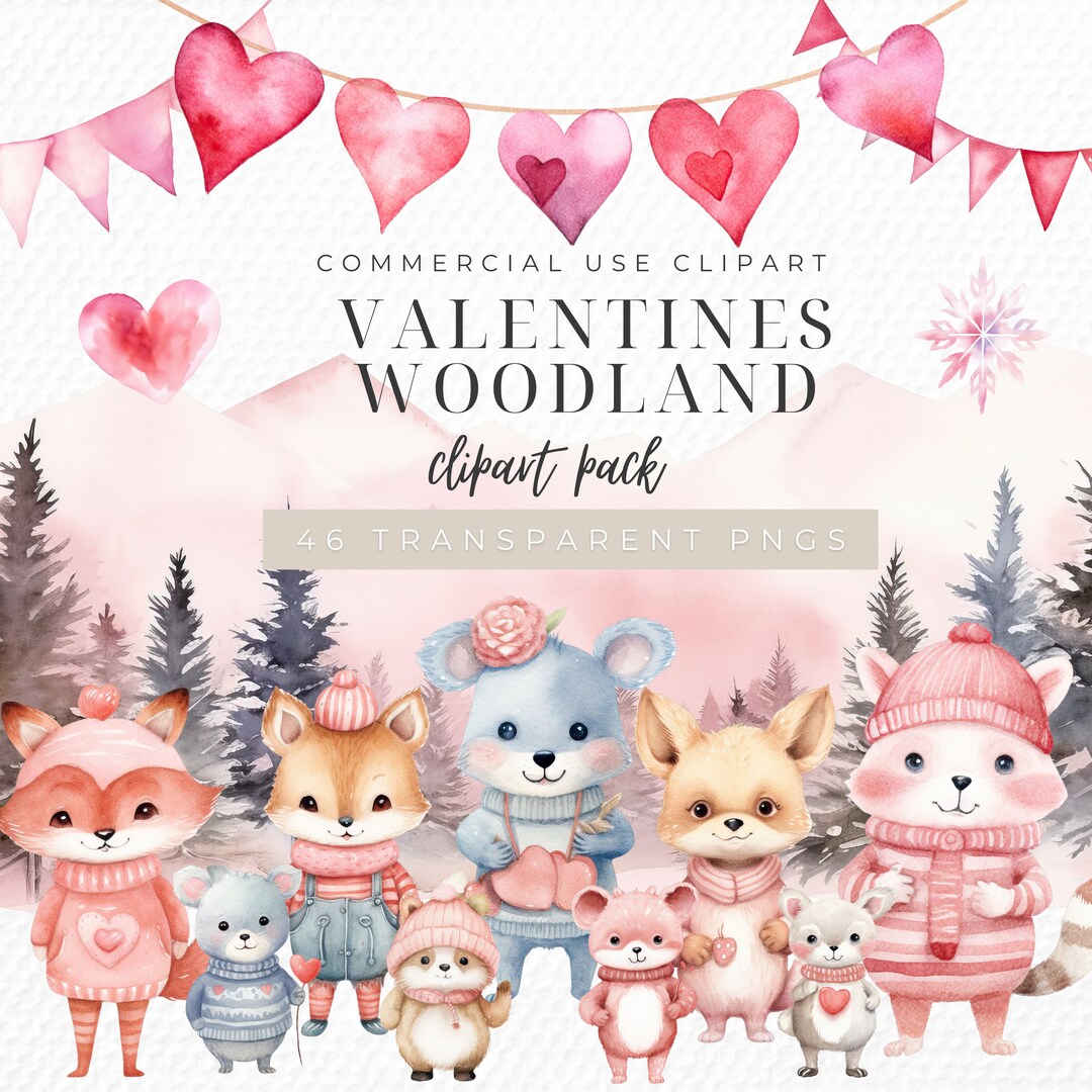 Woodland Animal Valentines Day Clipart, Watercolor Woodland Winter ...