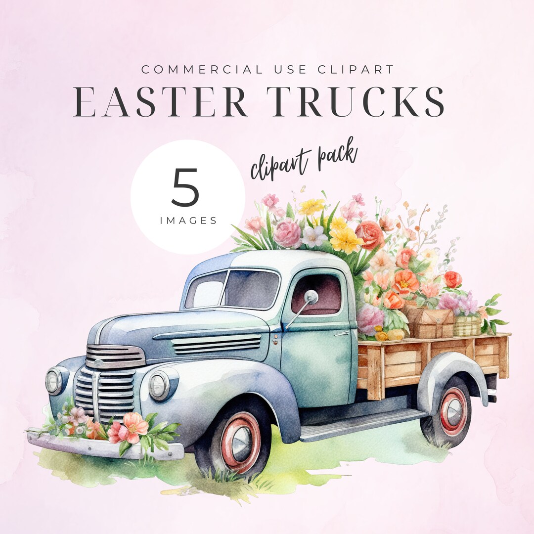 Watercolor Easter Truck Clipart, Cute Easter Basket Clipart, Whimsical ...