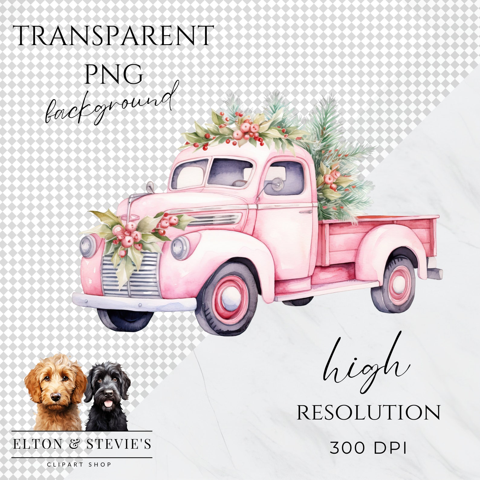 Pink Christmas Trucks Clipart, Watercolor Christmas Truck Clipart ...