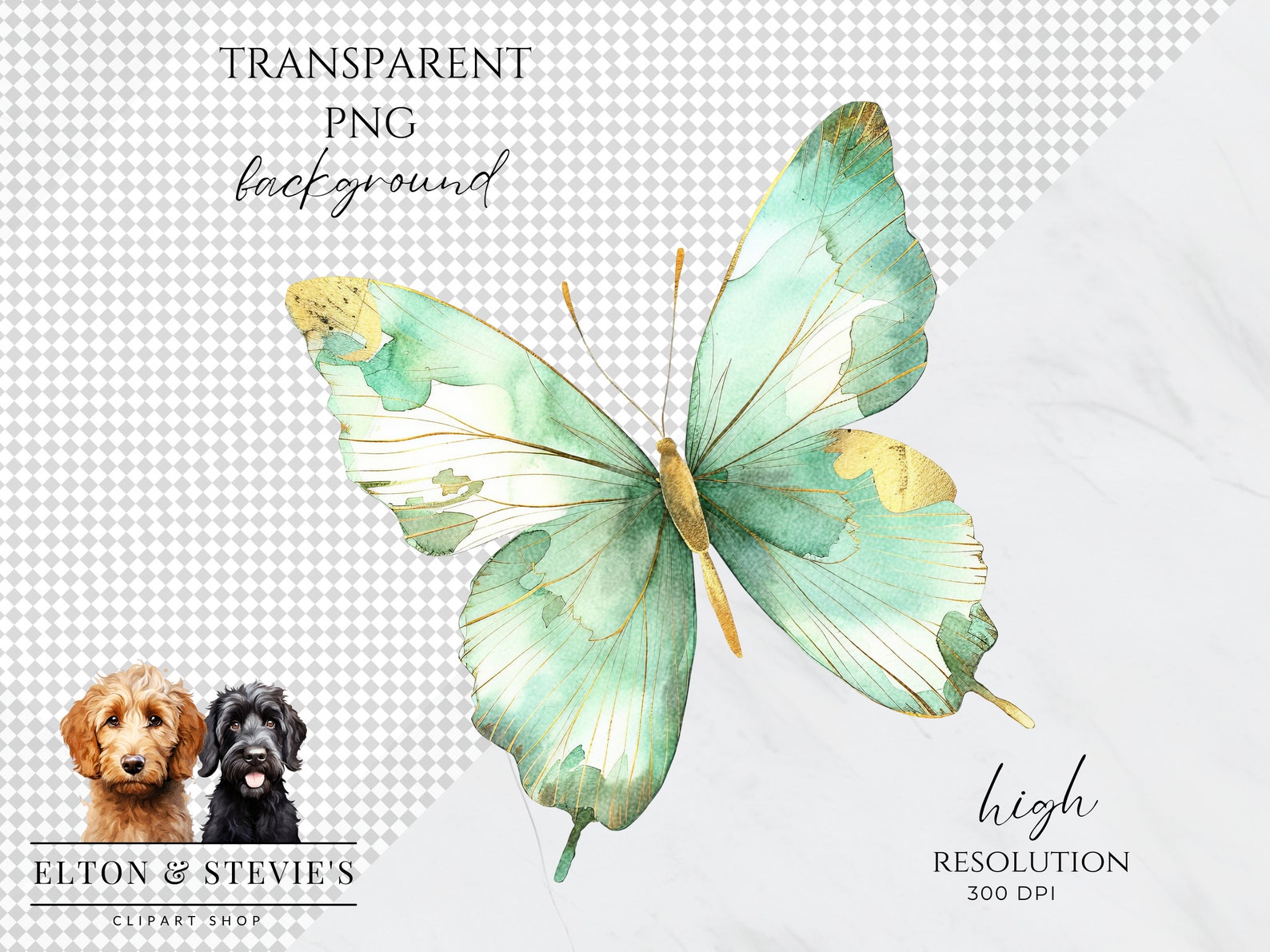 Mint Green Gold Butterflies Clipart, Watercolor Butterfly and Flower ...