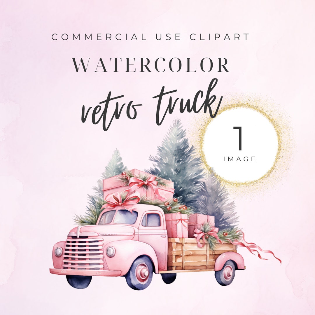 Pink Christmas Trucks Clipart, Watercolor Christmas Truck Clipart ...