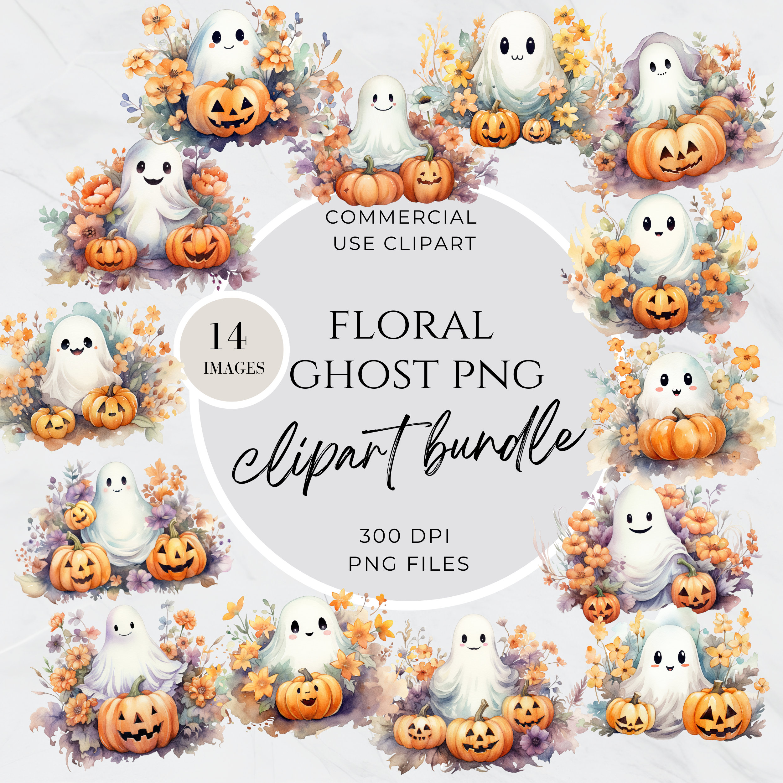 Floral Ghosts Clipart Bundle Halloween PNG Watercolor - Etsy