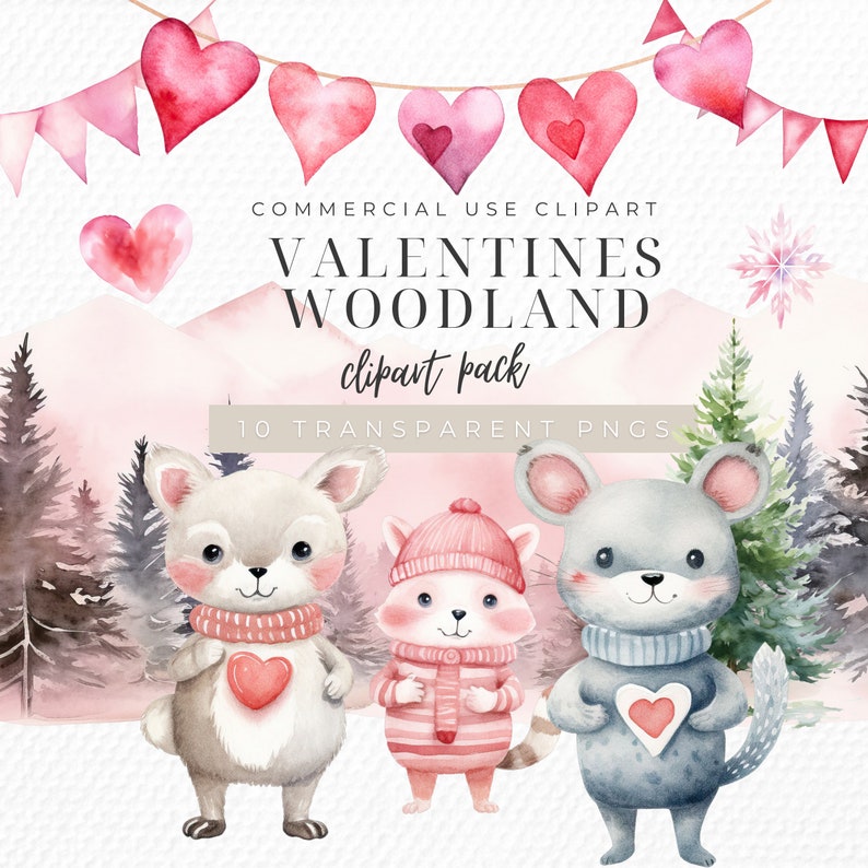 Woodland Animal Valentines Day Clipart, Watercolor Woodland Winter ...