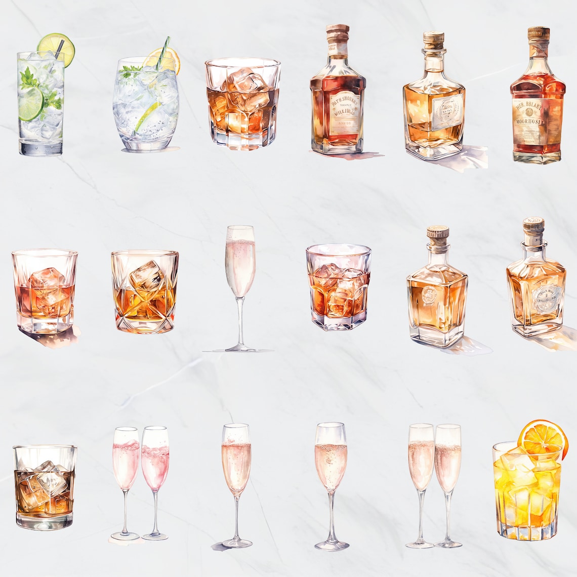 Bar Cart Clipart, Bar Menu Clip Art, Watercolor Signature Cocktail ...