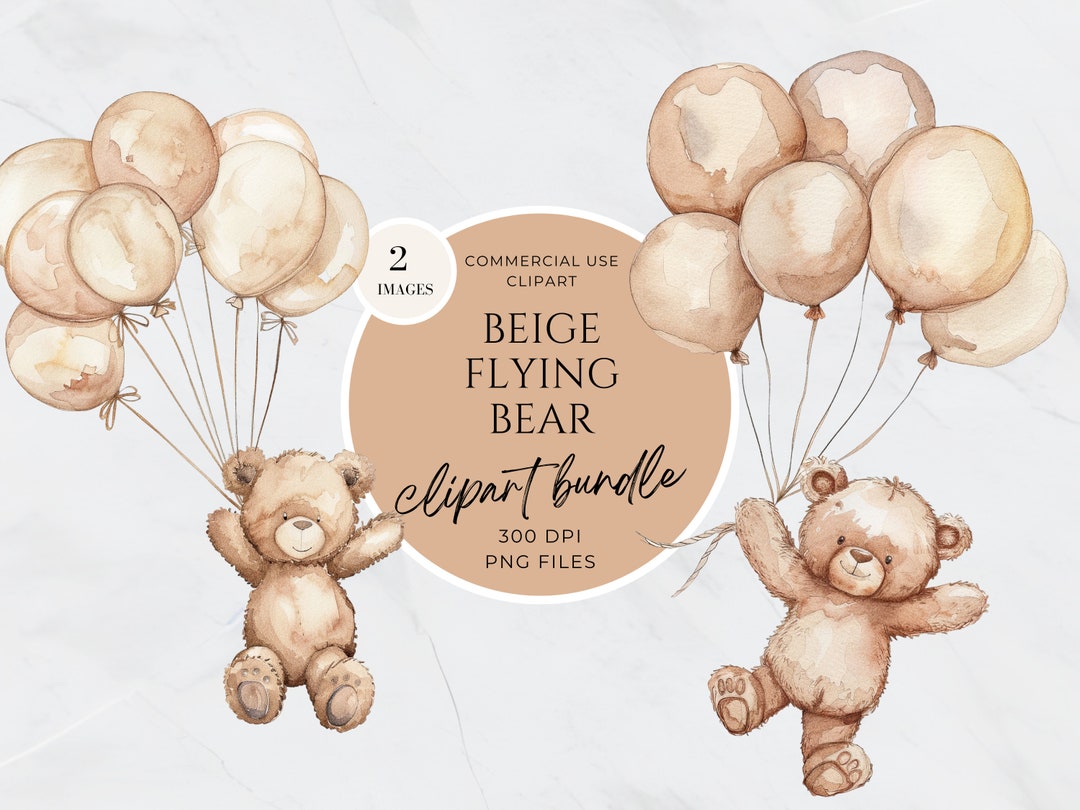 Flying Bear Clipart, Baby Bear Balloons Neutral Clipart, Watercolor ...