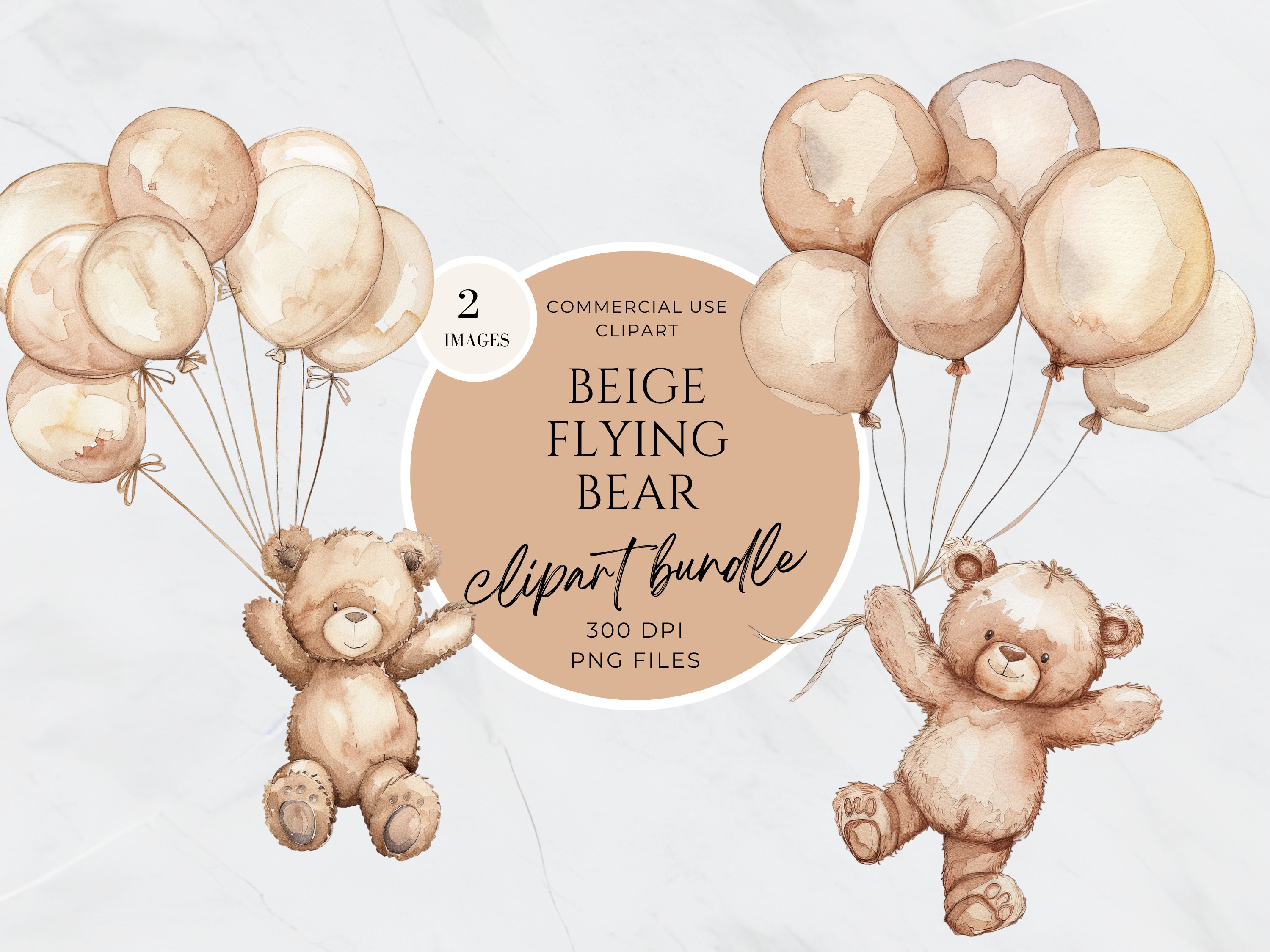 Flying Bear Clipart, Baby Bear Balloons Neutral Clipart, Watercolor ...