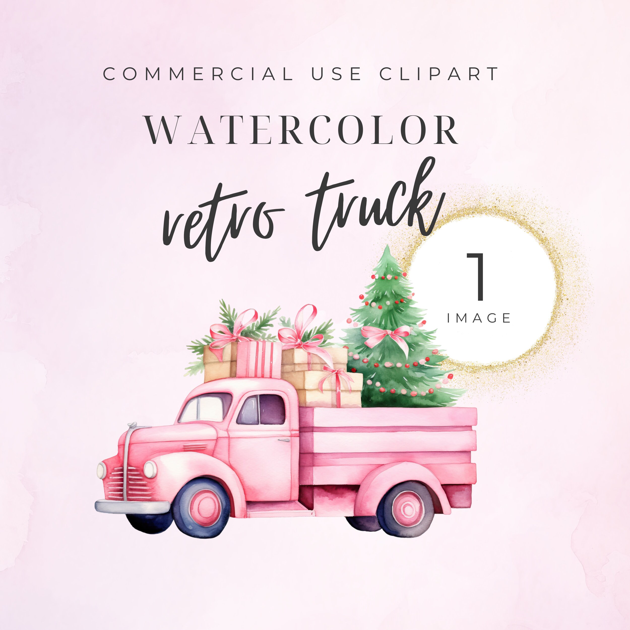 Pink Christmas Trucks Clipart, Watercolor Christmas Truck Clipart ...