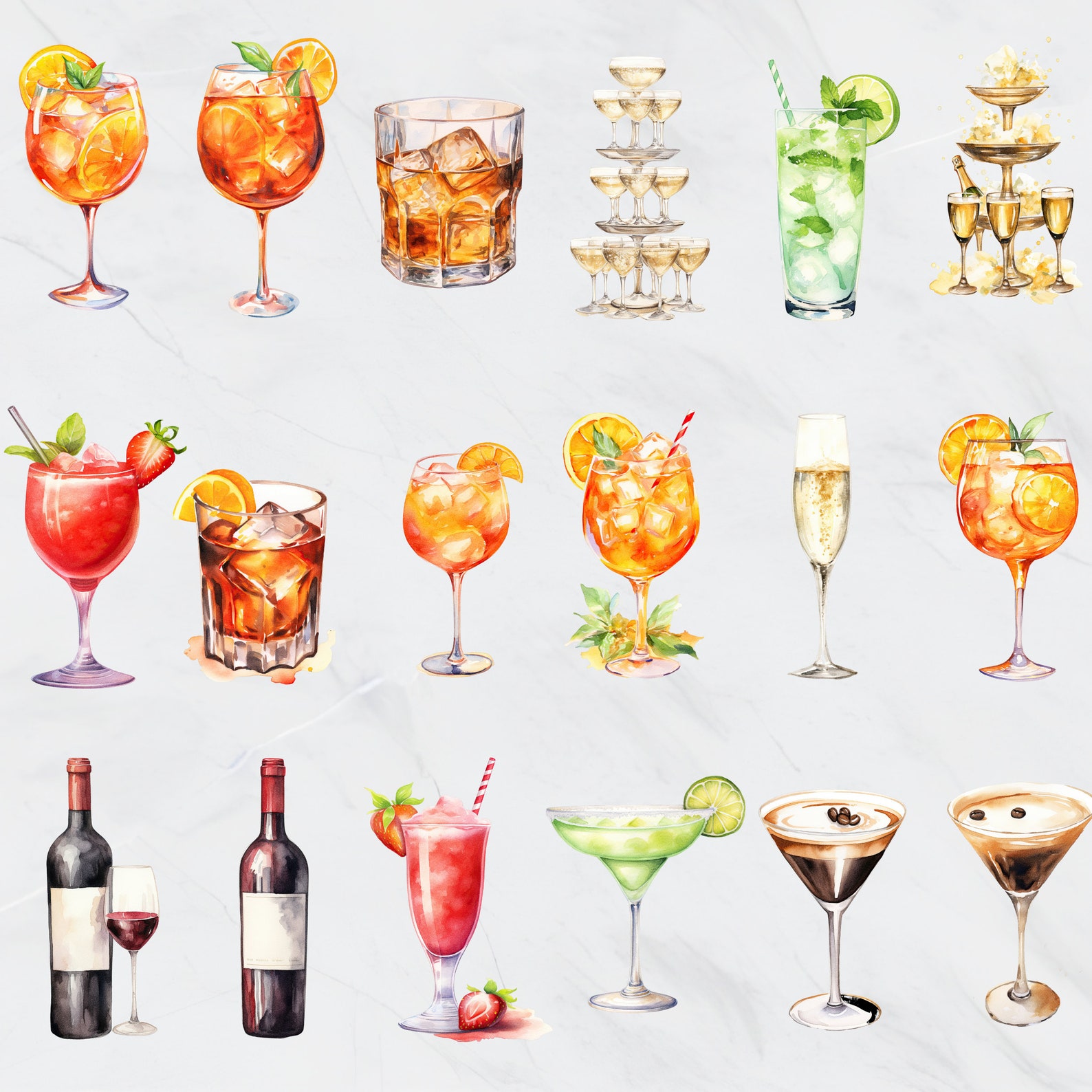 Bar Cart Clipart, Bar Menu Clip Art, Watercolor Signature Cocktail ...