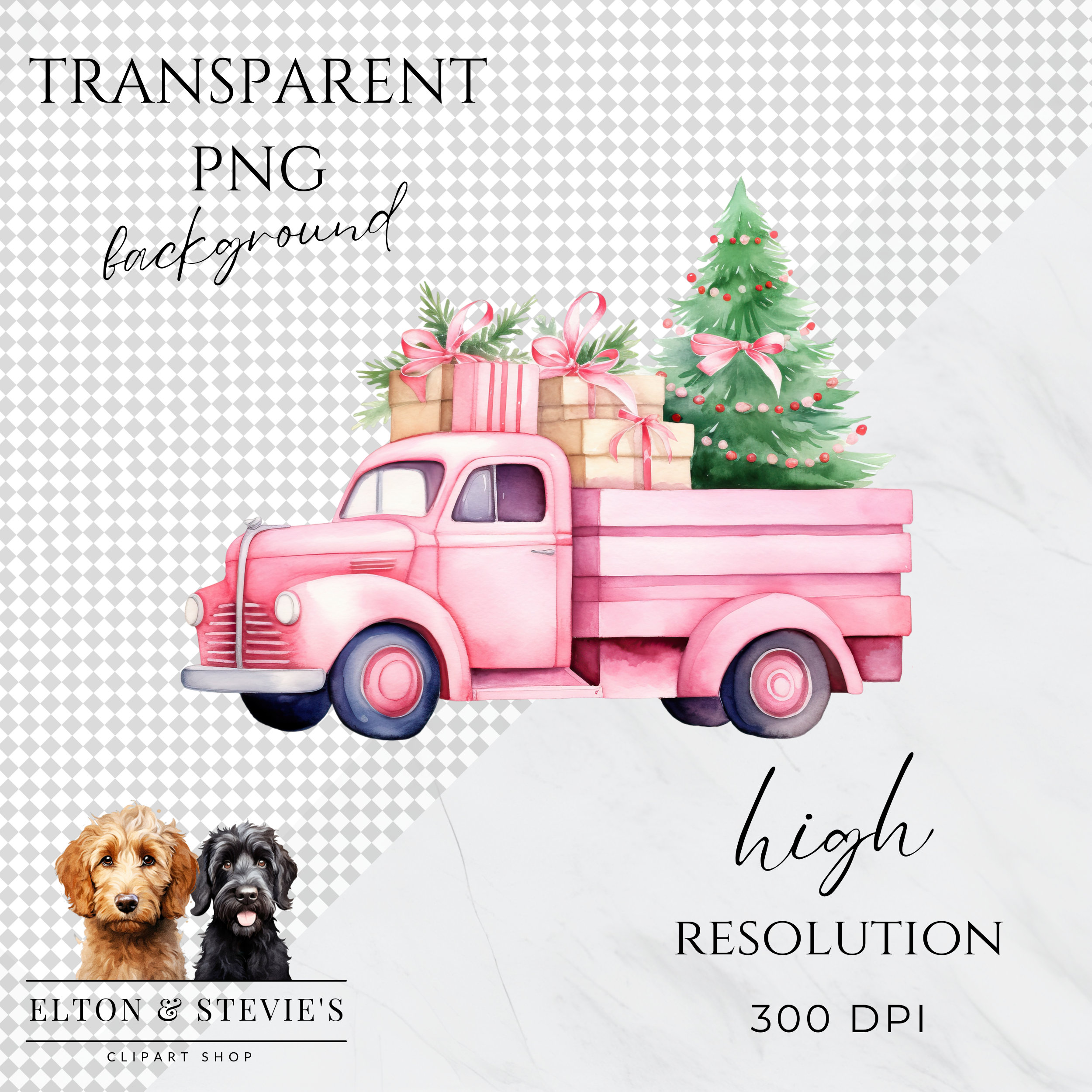 Pink Christmas Trucks Clipart, Watercolor Christmas Truck Clipart ...