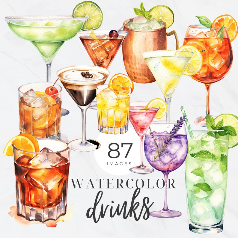 Bar Cart Clipart, Bar Menu Clip Art, Watercolor Signature Cocktail ...