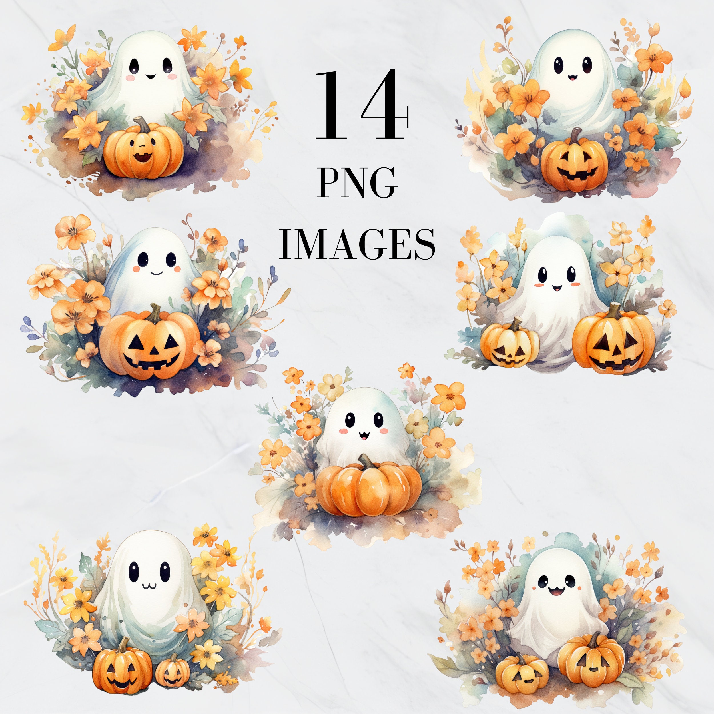 Floral Ghosts Clipart Bundle Halloween PNG Watercolor - Etsy