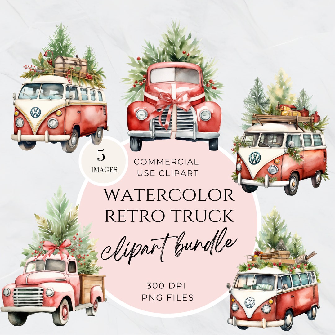 Watercolor Christmas Truck Clipart, Vintage Farm Truck PNG, Printable ...