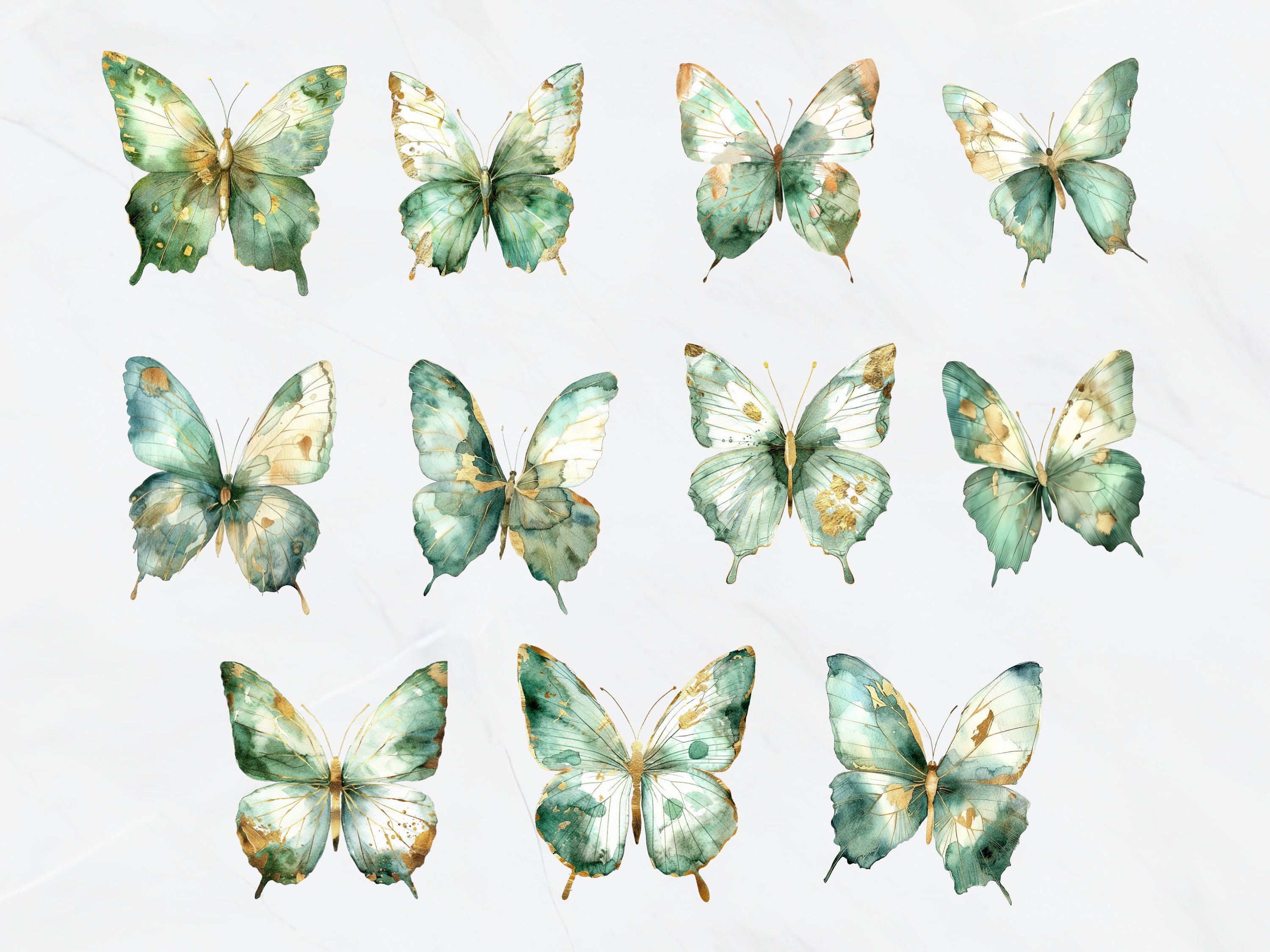 Sage Green Gold Butterflies Clipart, Watercolor Butterfly and Flower ...