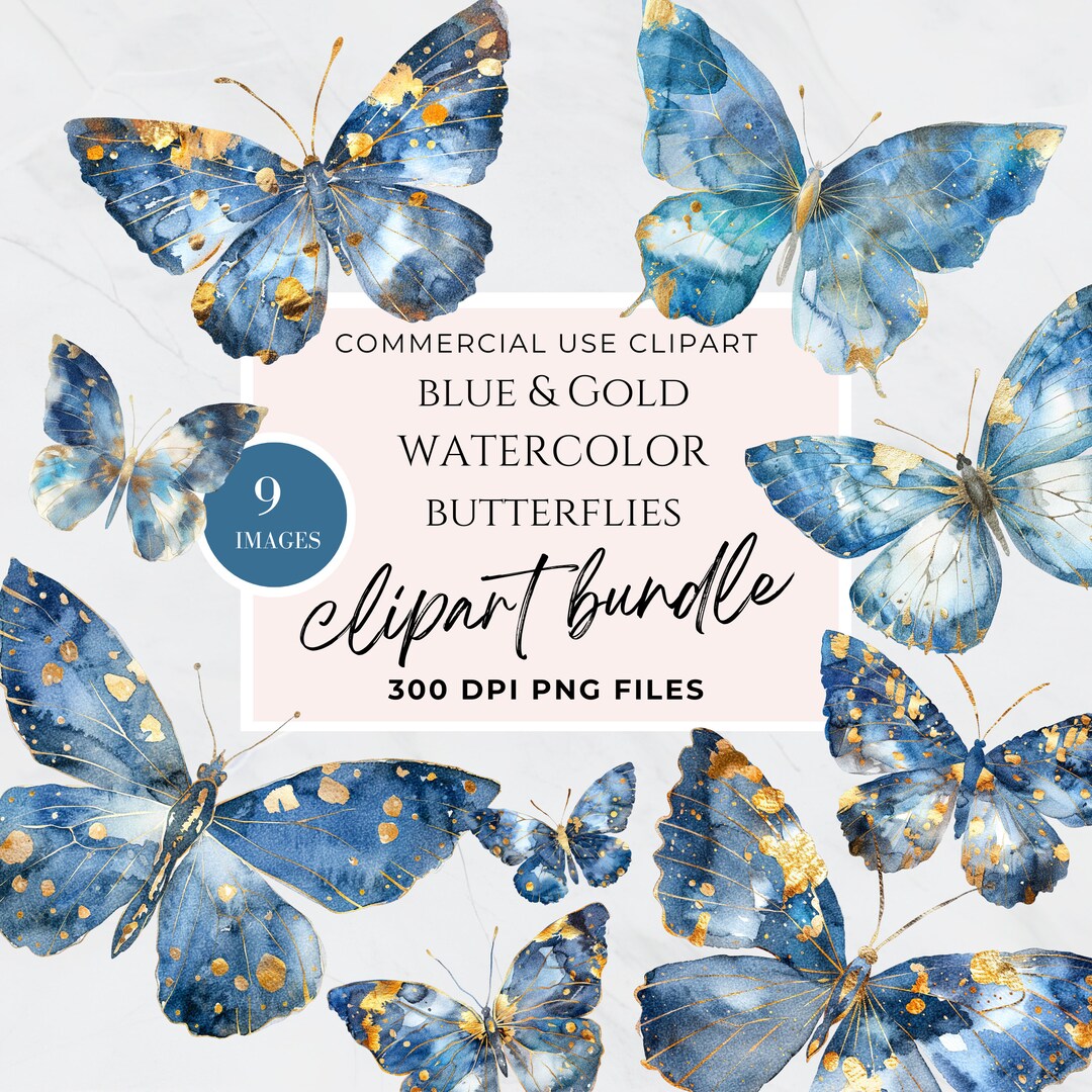 Navy Butterflies Clipart, Gold Glitter Butterflies Clip Art, Watercolor ...