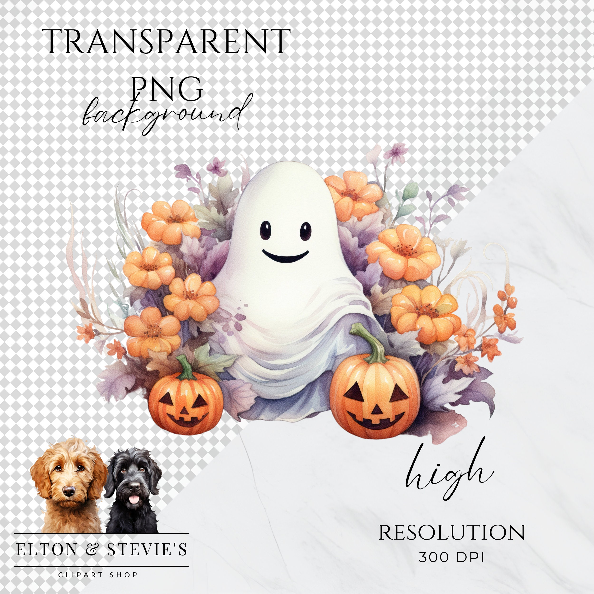 Floral Ghosts Clipart Bundle, Halloween PNG, Watercolor, Pumpkin, Daisy ...