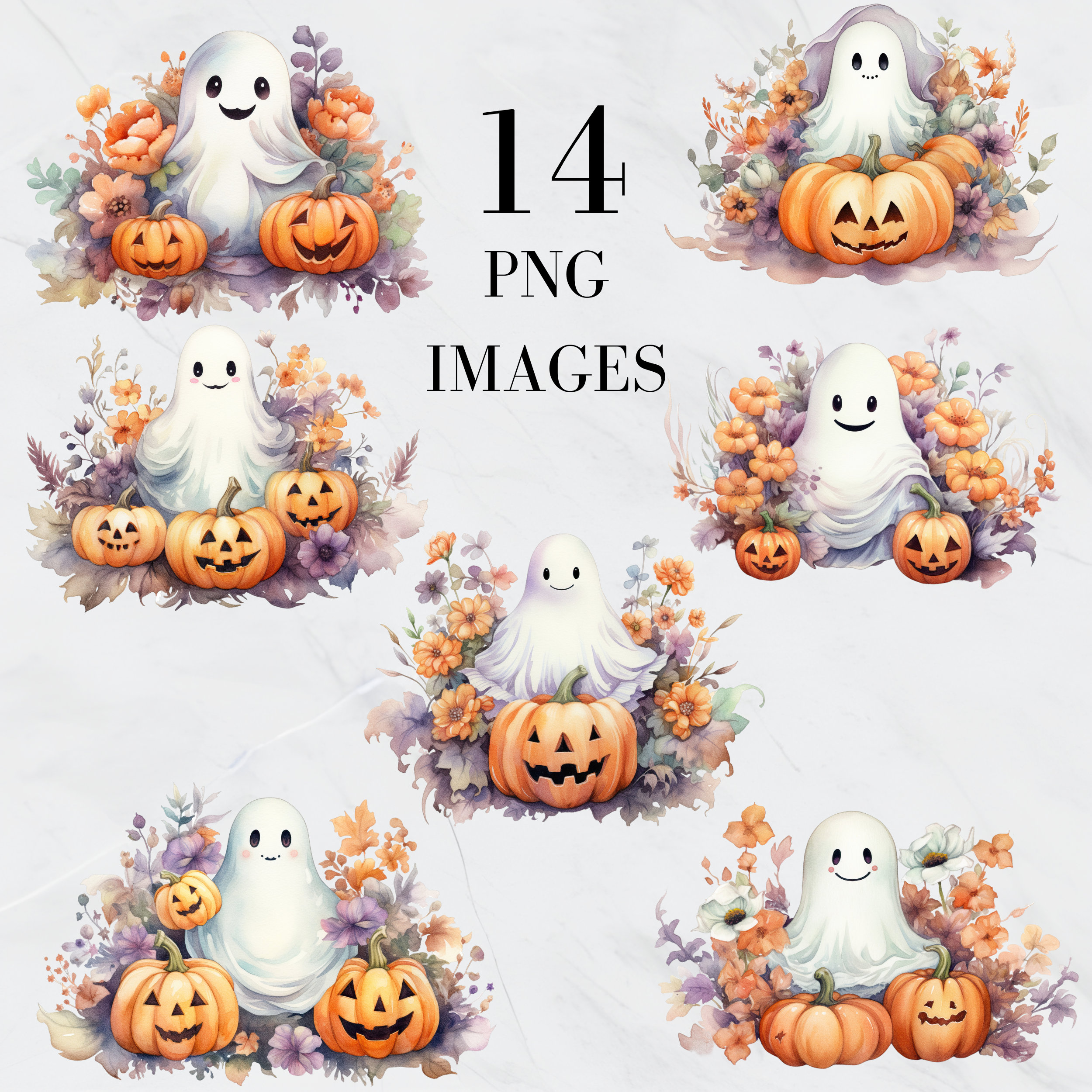 Floral Ghosts Clipart Bundle Halloween PNG Watercolor - Etsy