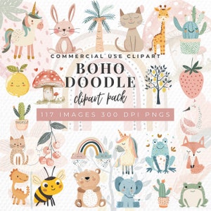 Spring Doodle Clipart, Boho Woodland Animals Clip Art Watercolor Bundle ...
