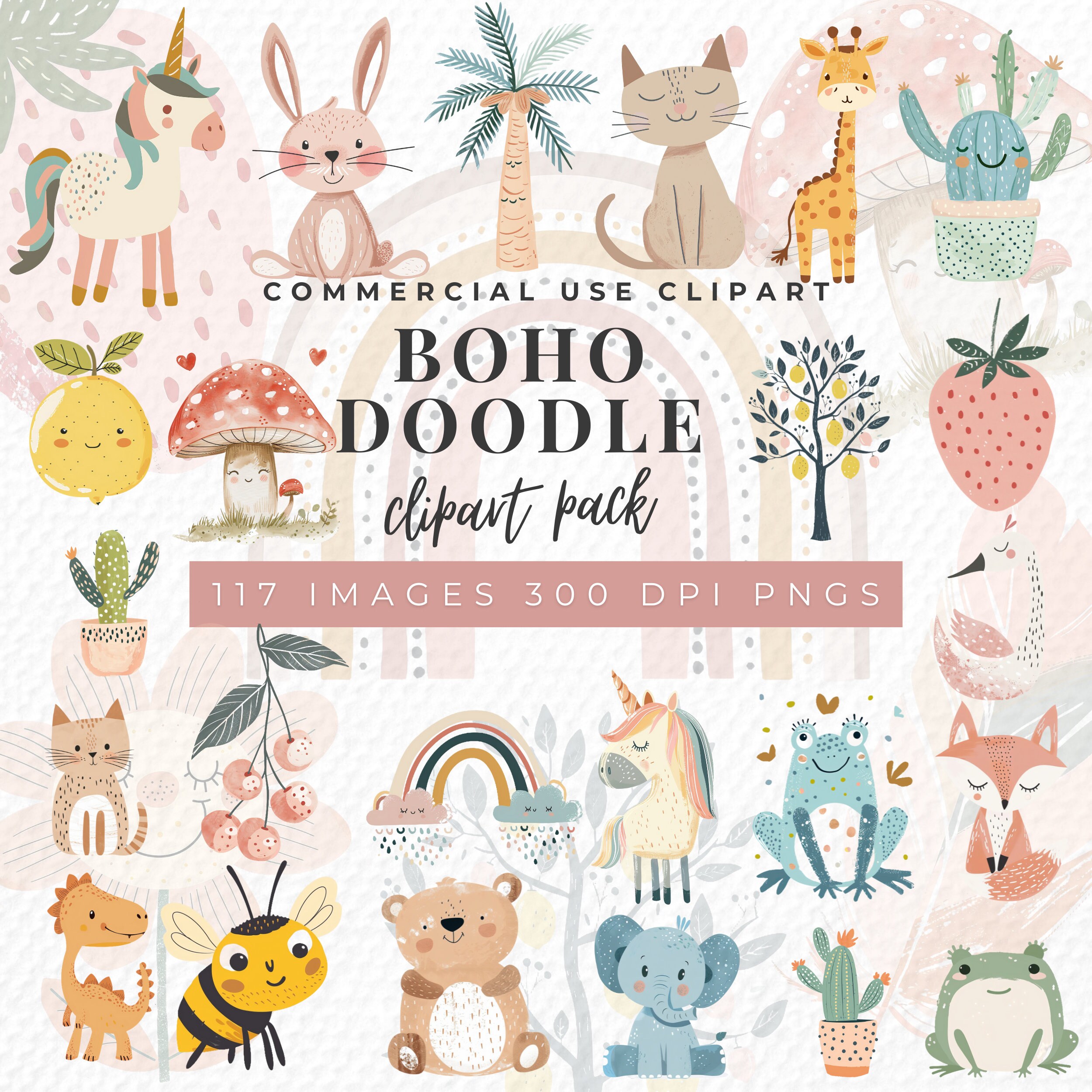 Spring Doodle Clipart, Boho Woodland Animals Clip Art Watercolor Bundle ...