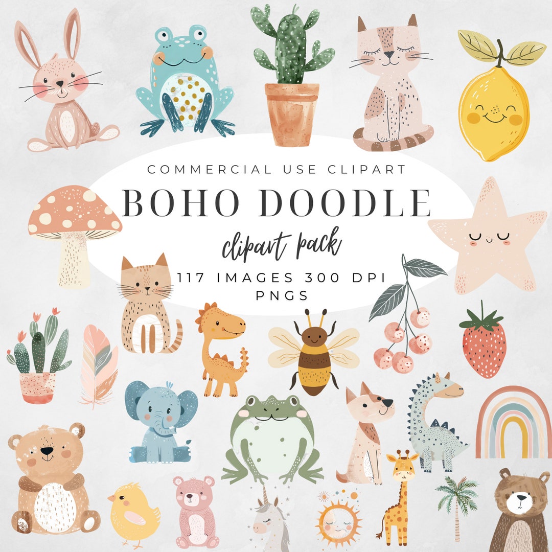 Boho Doodle Clipart, Boho Woodland Animals Clipart Watercolor Bundle ...