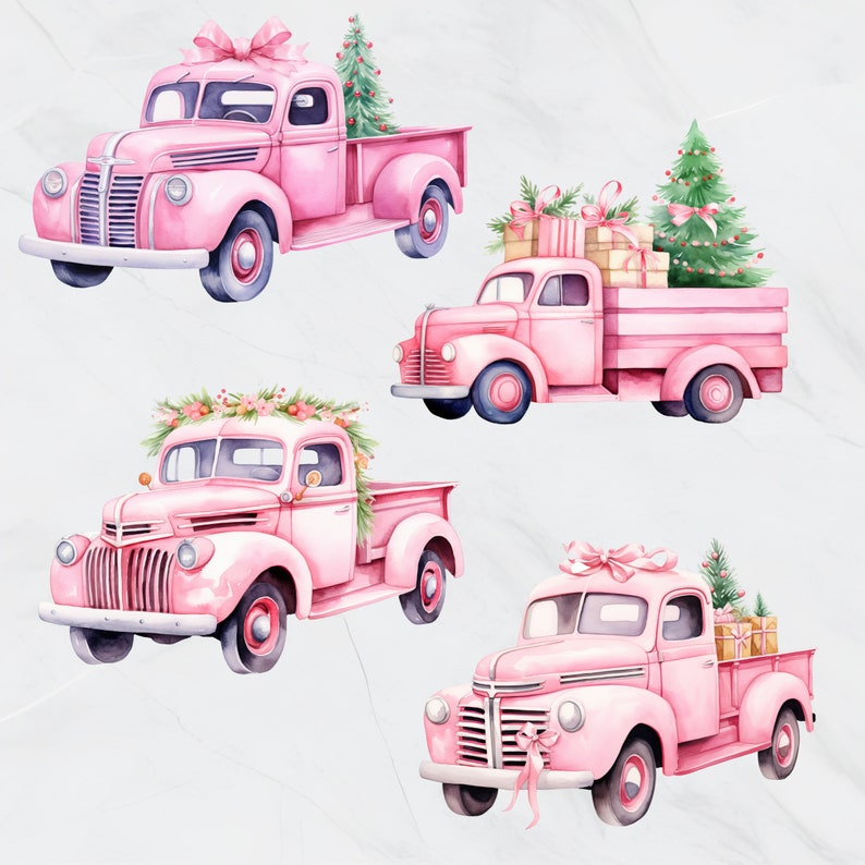 Pink Christmas Trucks Clipart, Watercolor Christmas Truck Clipart ...