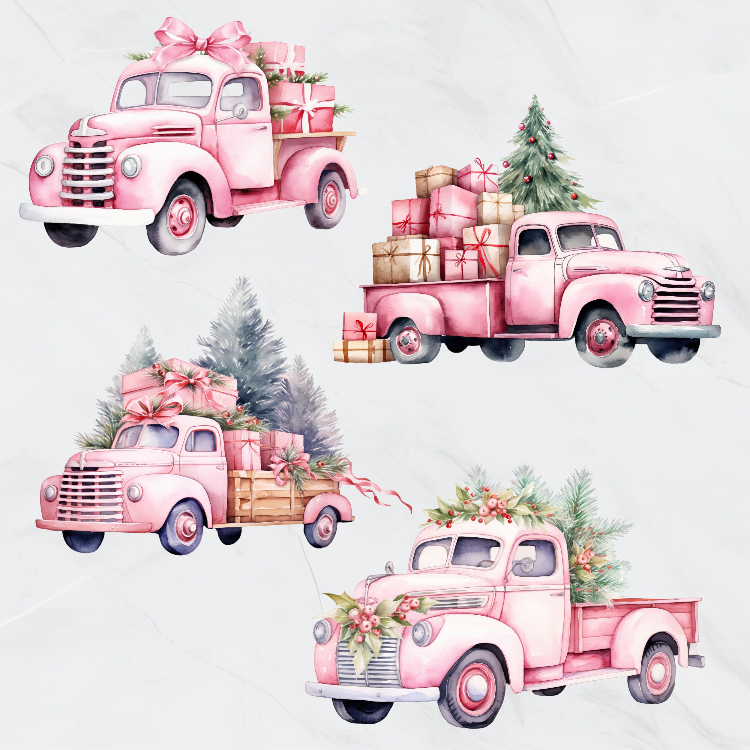 Pink Christmas Trucks Clipart, Watercolor Christmas Truck Clipart ...