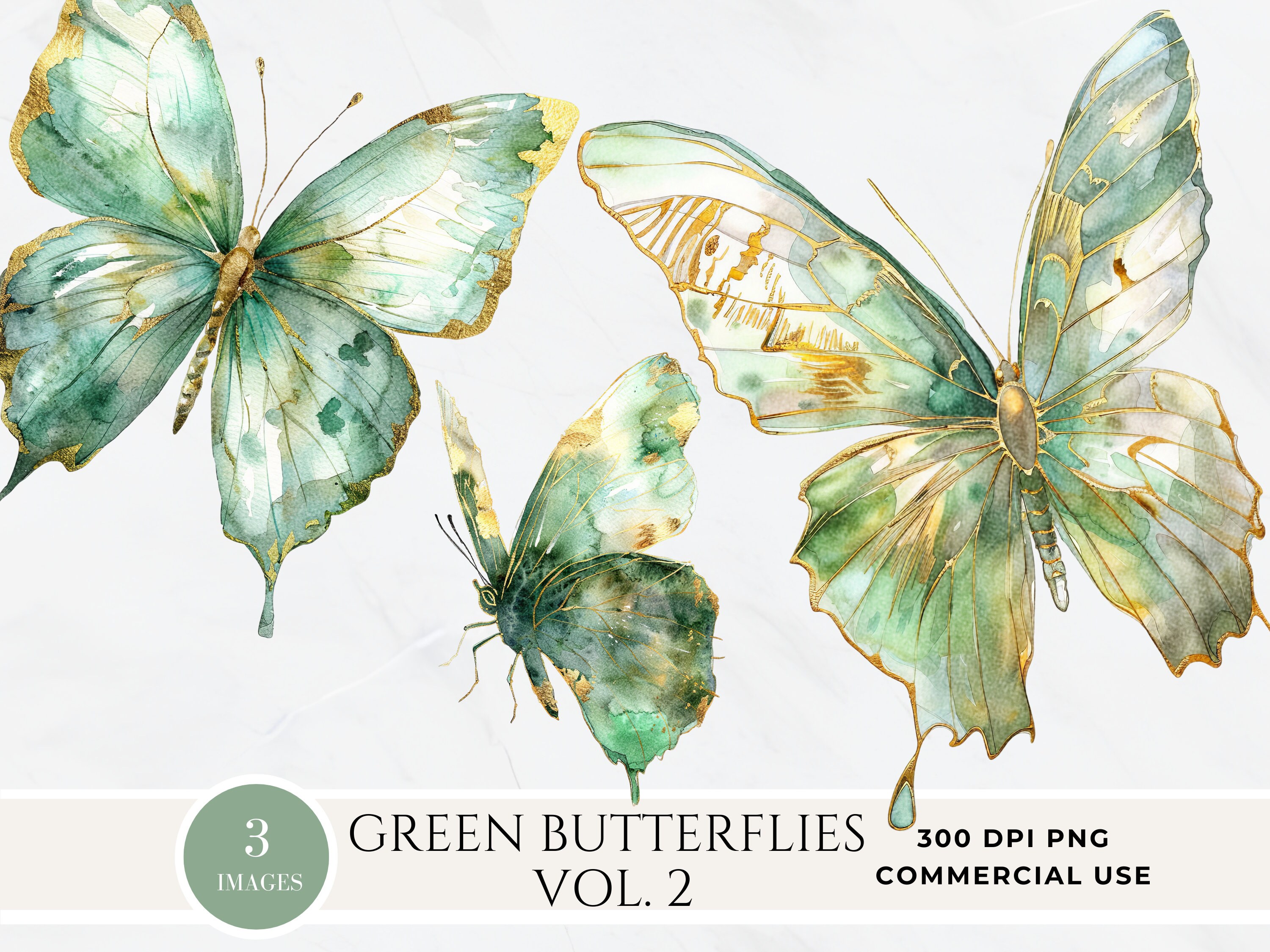 Sage Green Gold Butterflies Clipart, Watercolor Butterfly and Flower ...