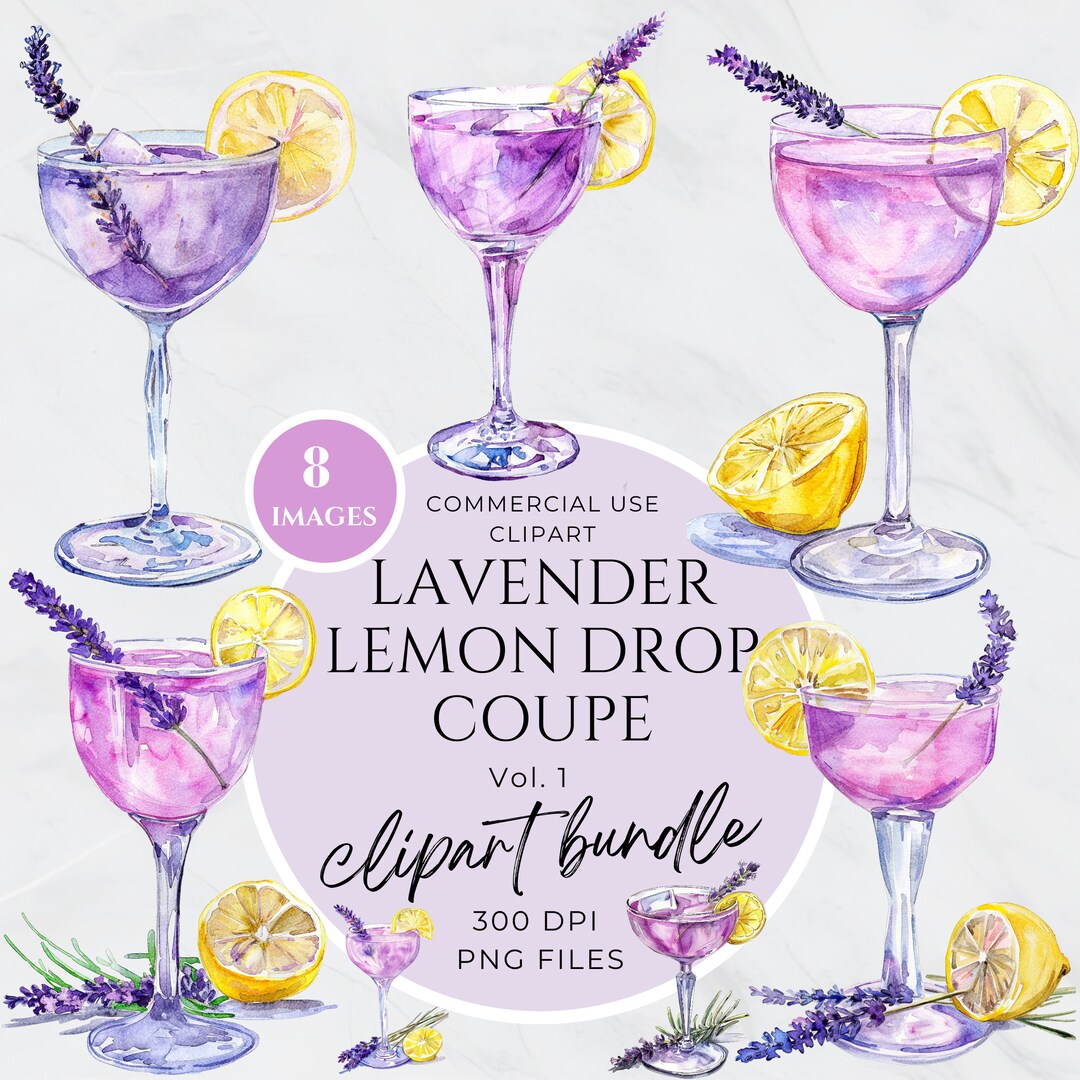 Lavender Lemon Drop Martini, Bar Cart Clipart, Coupe Glass, Watercolor ...