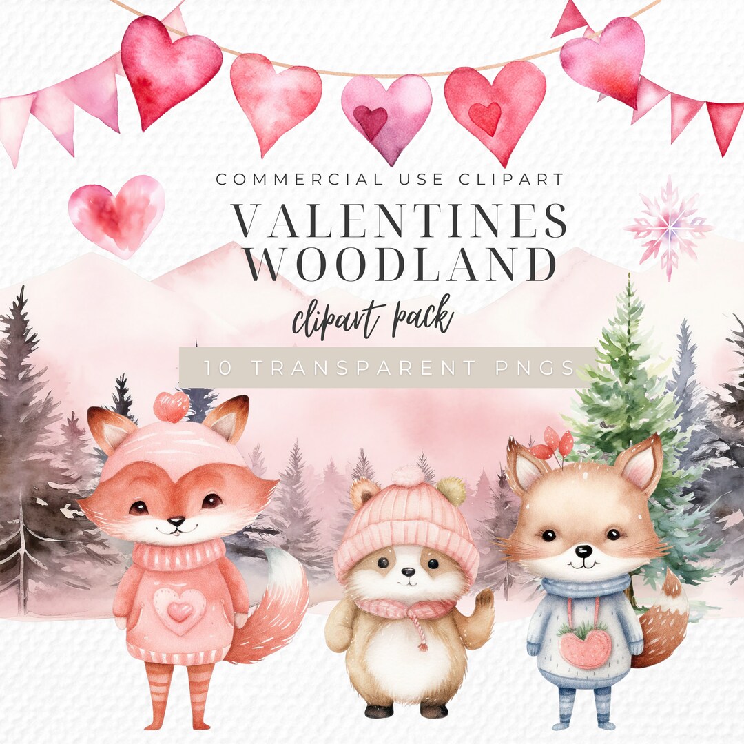 Woodland Animal Valentines Day Clipart, Watercolor Woodland Winter ...