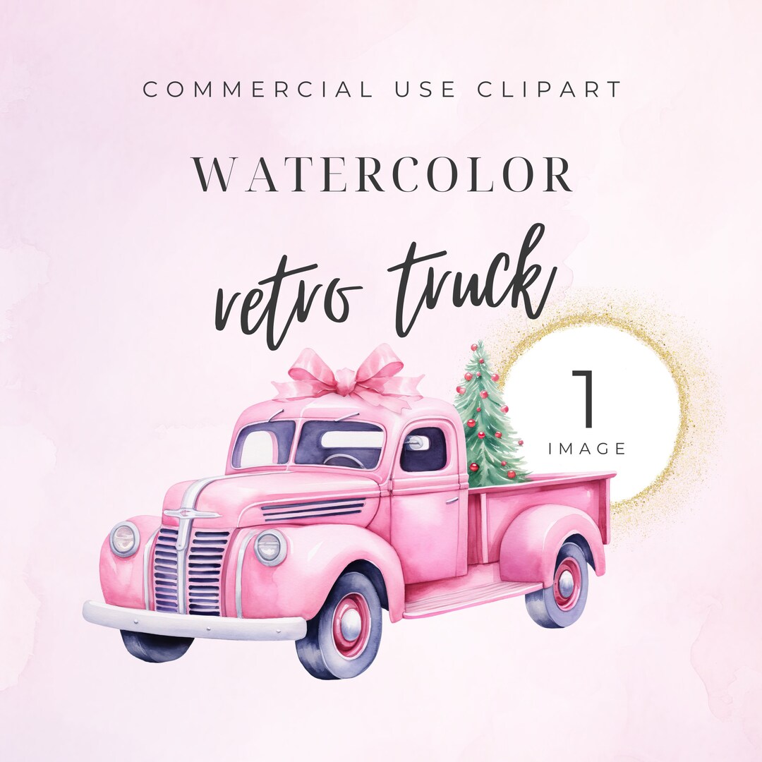 Pink Christmas Trucks Clipart, Watercolor Christmas Truck Clipart ...