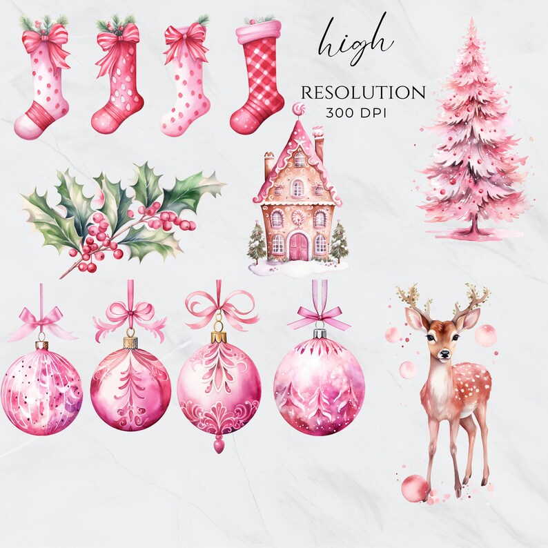 Watercolor Pink Christmas Clipart Bundle Pink Christmas Truck - Etsy