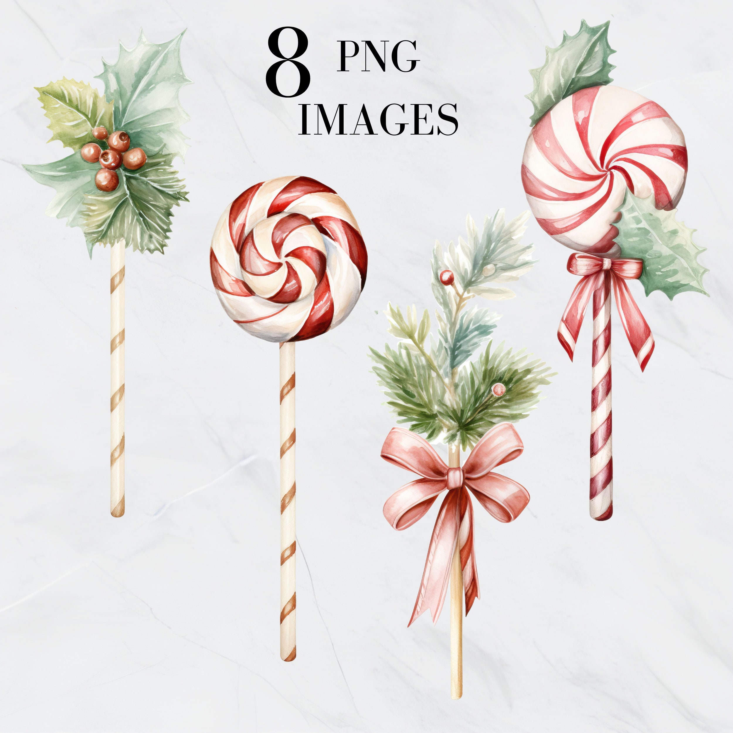 Watercolor Christmas Candy Clipart, Candy Cane With Bows, Christmas ...