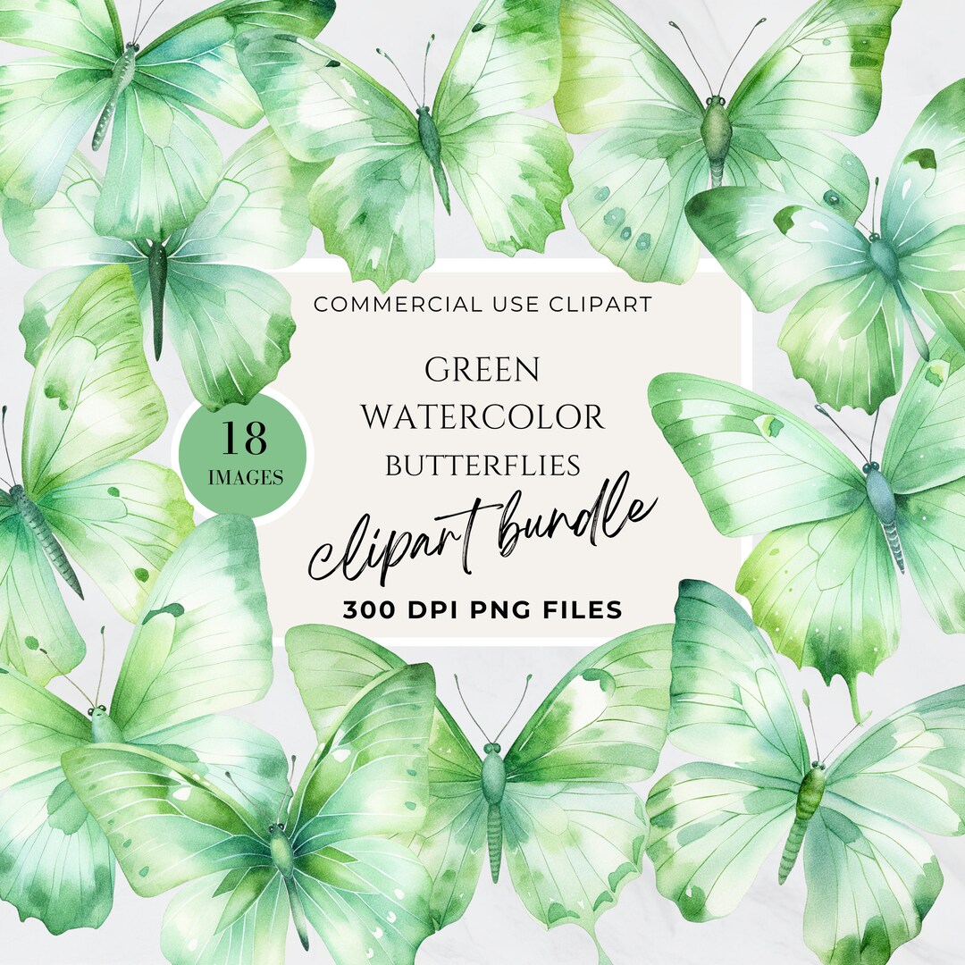Green Butterfly Clipart, Watercolor Butterfly Clipart Bundle, Pastel ...