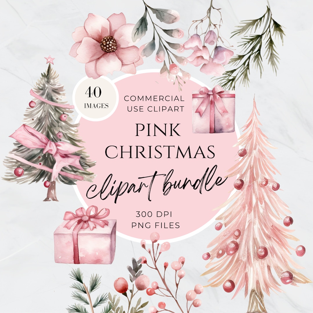 Watercolor Pink Christmas Clipart Bundle, Pink Christmas Tree Clipart ...