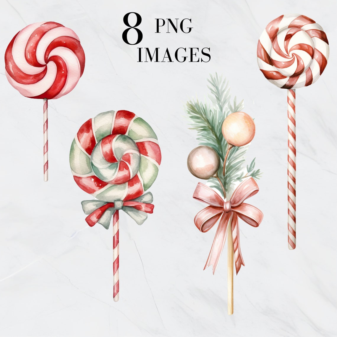 Watercolor Christmas Candy Clipart, Candy Cane With Bows, Christmas ...