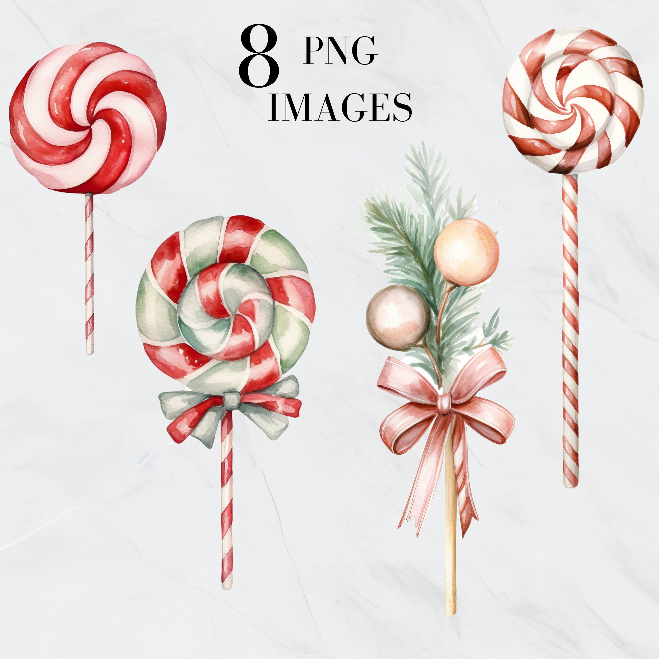 Watercolor Christmas Candy Clipart, Candy Cane With Bows, Christmas ...