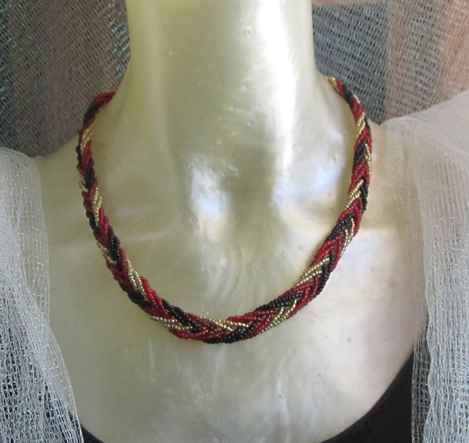 Handmade 7 Strand Braided Glass Bead Necklace in Marine Corps Colors of ...