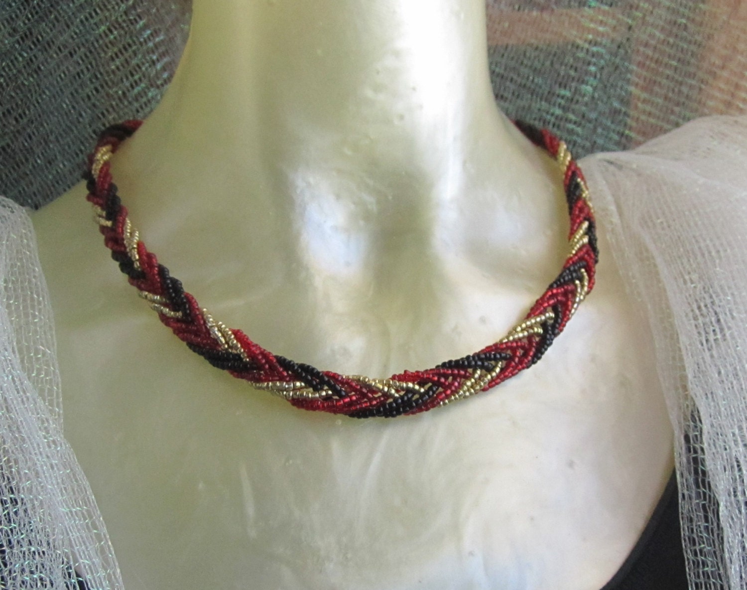 Handmade 7 Strand Braided Glass Bead Necklace in Marine Corps Colors of ...