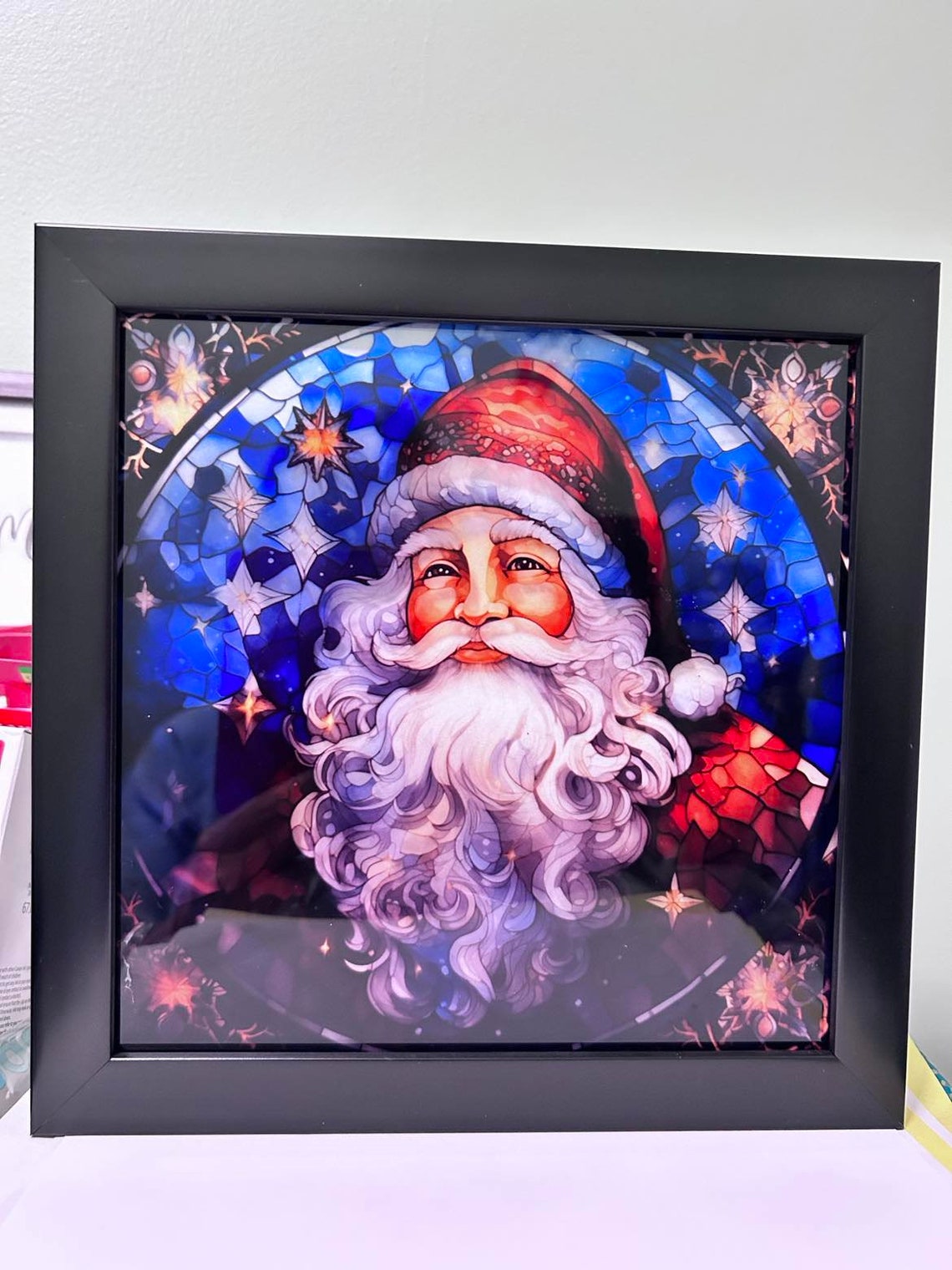 Lighted Stained Glass Santa Shadow Box Santaclauss Christmas Decor Wall ...