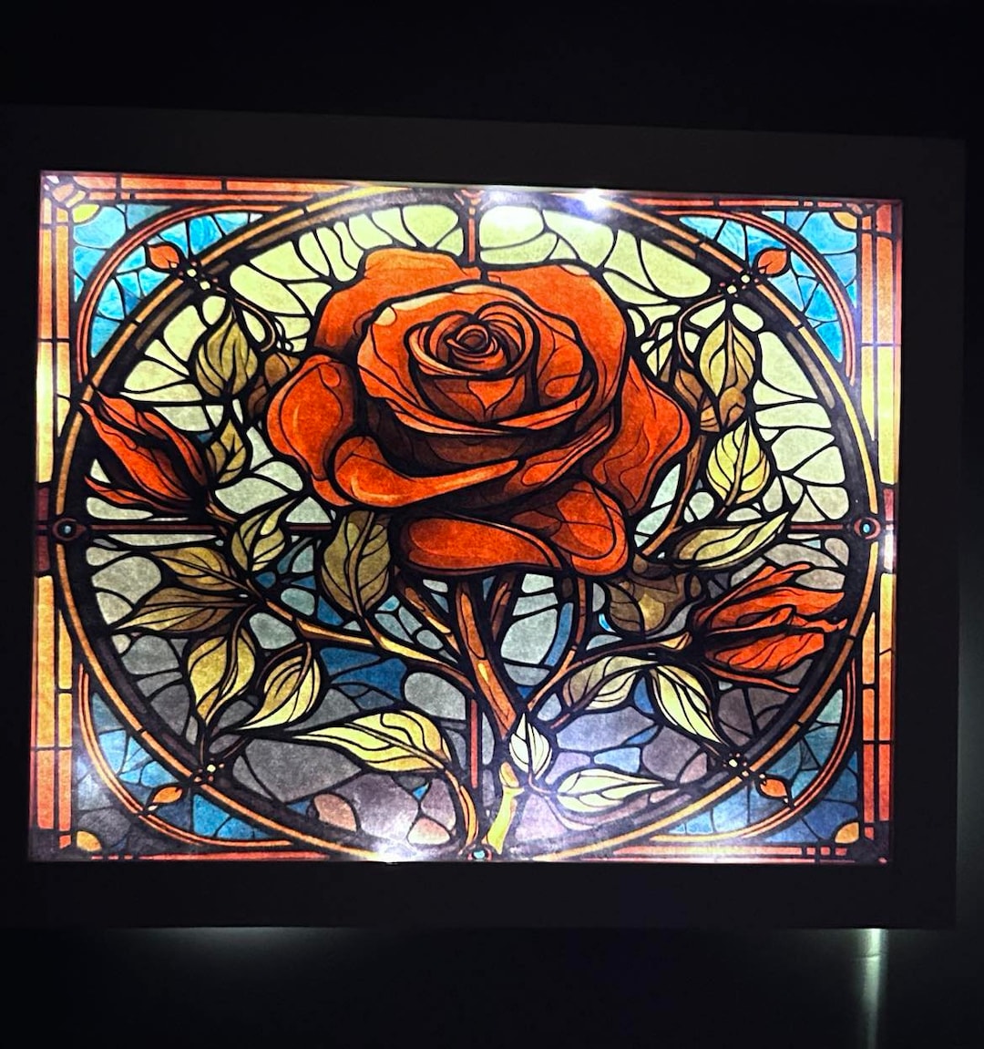 Red Rose Light Box Stained Glass Style Shadow Box Wall Decor Frames 9x9 ...