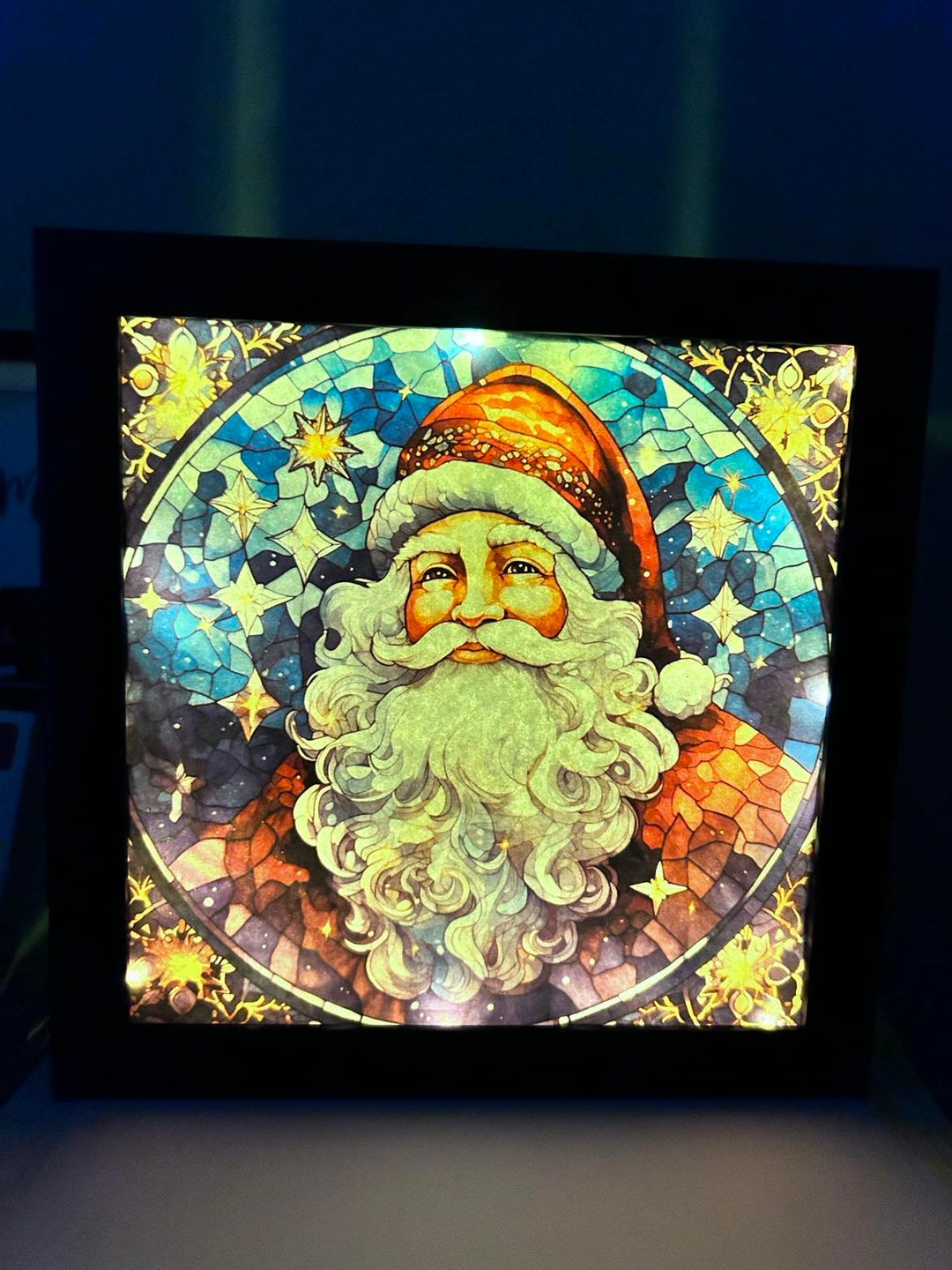 Lighted Stained Glass Santa Shadow Box Santaclauss Christmas Decor Wall ...