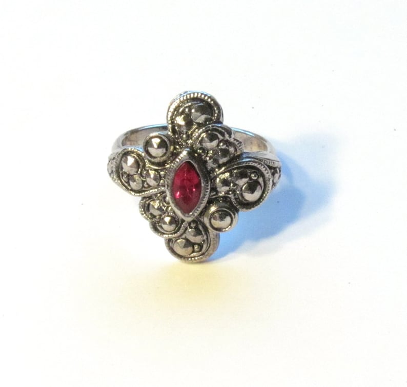 Avon Faux Marcasite Filigree Ring ~ Silvertone Ruby Marquise Ring ...