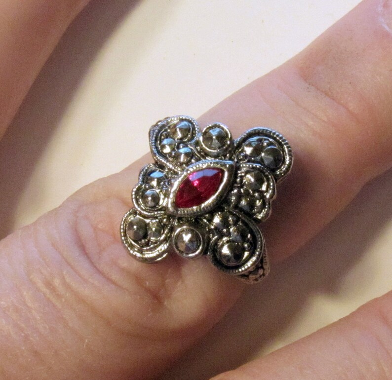 Avon Faux Marcasite Filigree Ring ~ Silvertone Ruby Marquise Ring ...