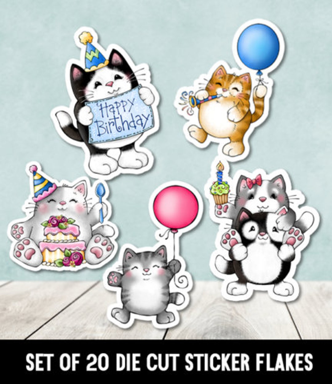 Happy Birthday Cats Die Cut Stickers - Set of 20 - Etsy