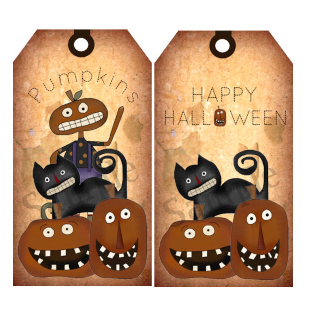 Sale Digital Primitive Halloween Printable Tags Pumpkin Dolls - Black ...