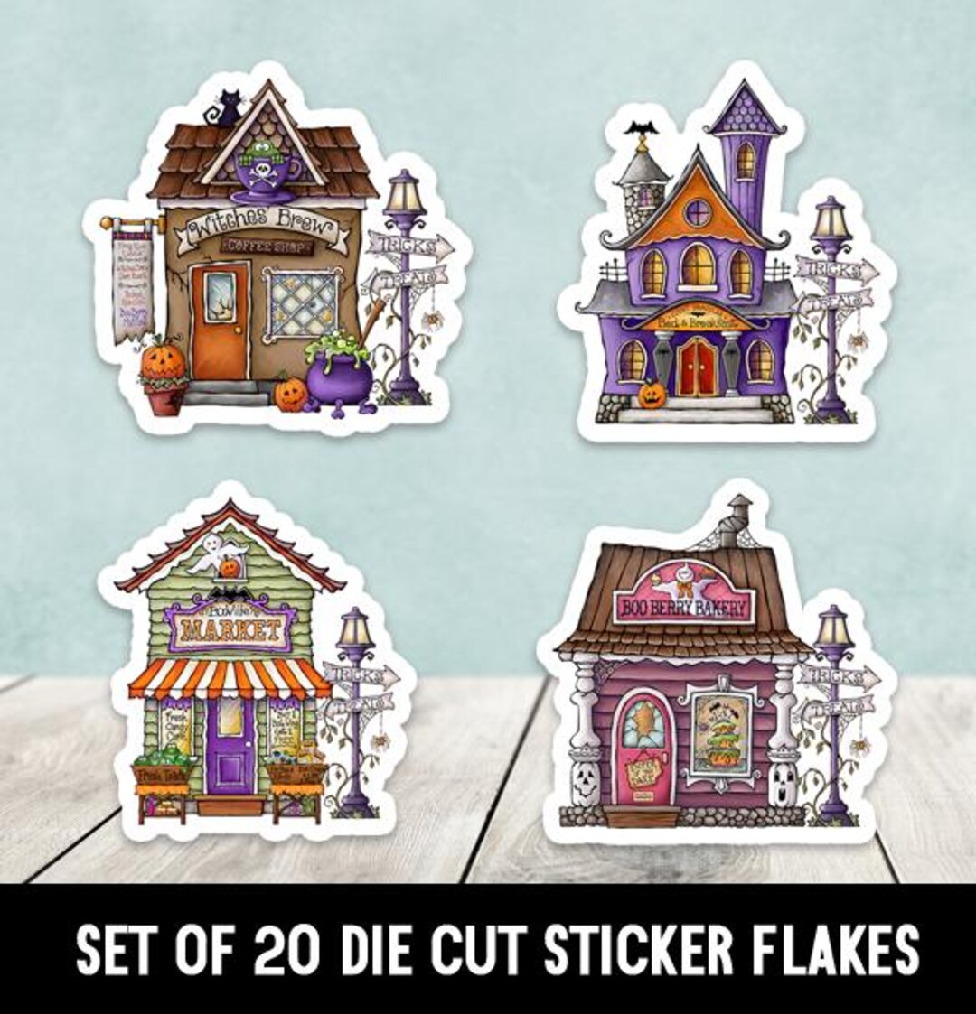Cute Spooky Halloween Shops Die Cut Stickers - Set of 20 - Bakery - Bed ...