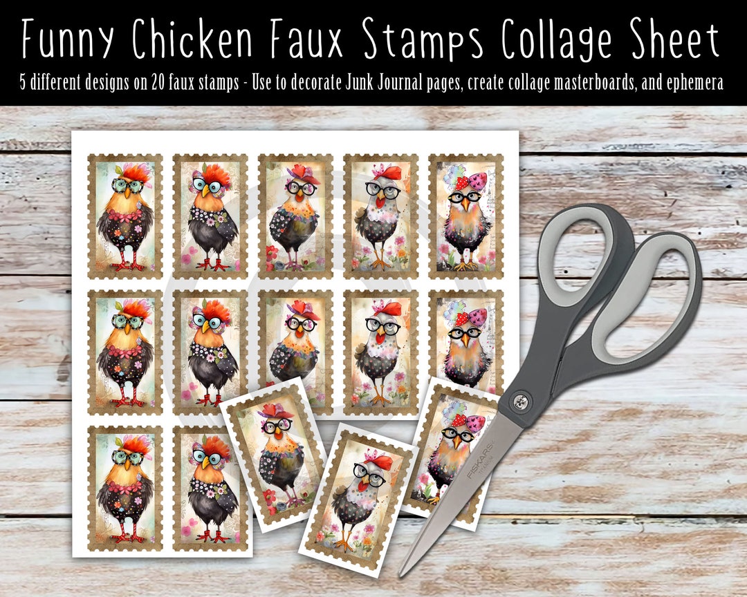 Faux Postage Stamps, Funny Playful Chickens, Decorate Junk Journals ...