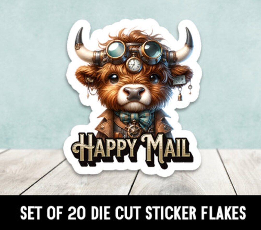 Highland Cow Steampunk Happy Mail Die Cut Stickers Happy Mail - Set of ...