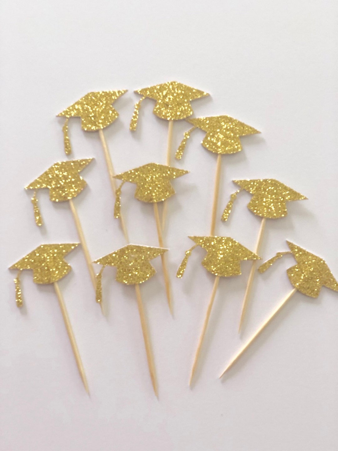 24 Pieces Glitter Gold Graduation Cap Cupcake Toppers, Toothpicks ...