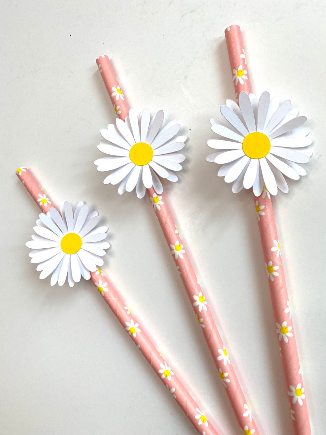 12 Pcs Pink Daisy Straw With White Daisy - Bridal Shower, Wedding Party ...