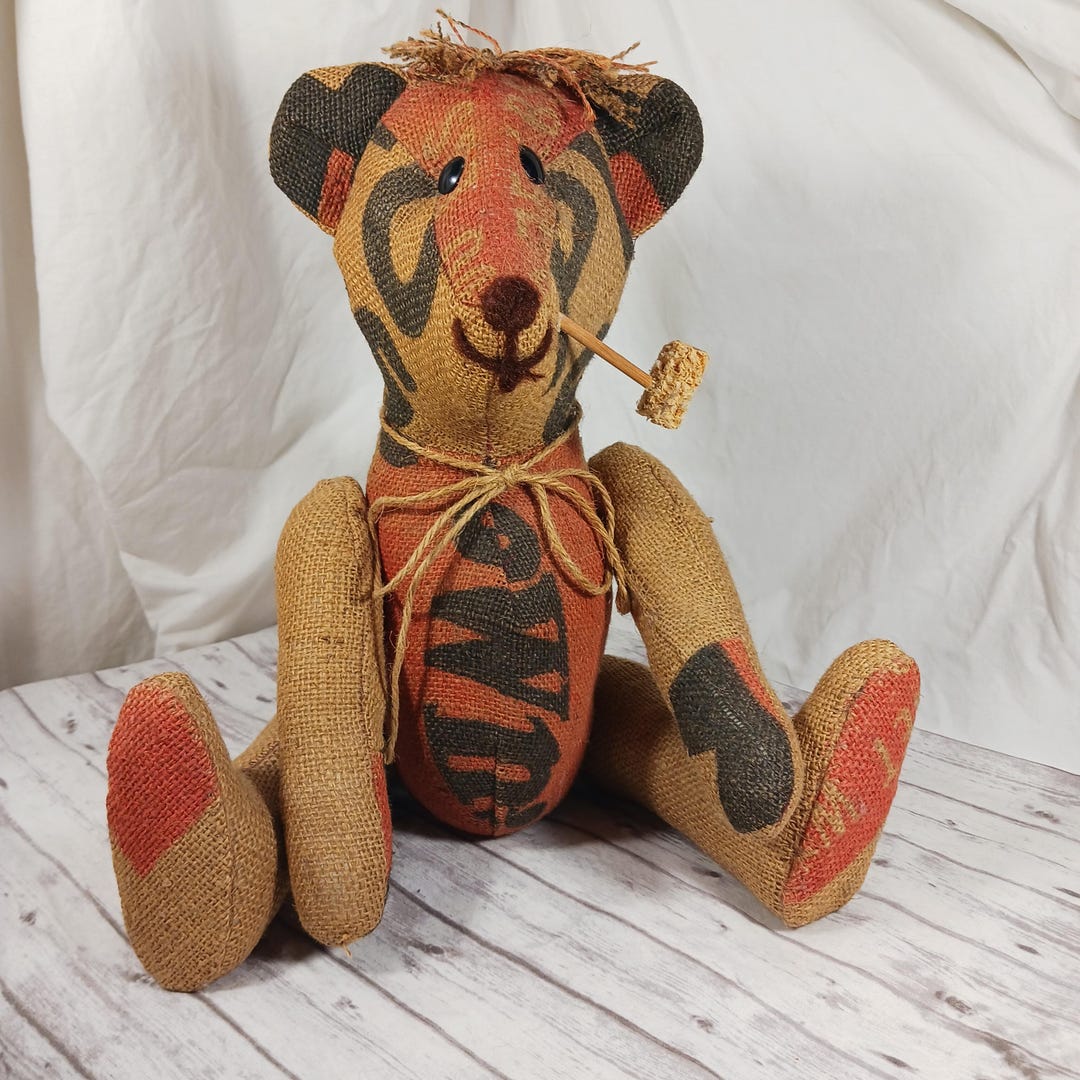 Handmade Burlap Teddy Bear Humpback Corn Cobb Pipe Jointed Articulating ...